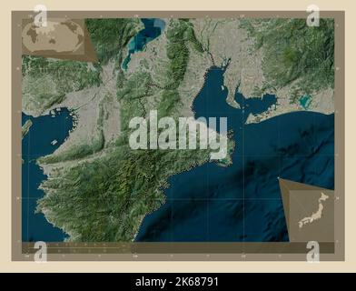 Mie, prefecture of Japan. High resolution satellite map. Locations and ...