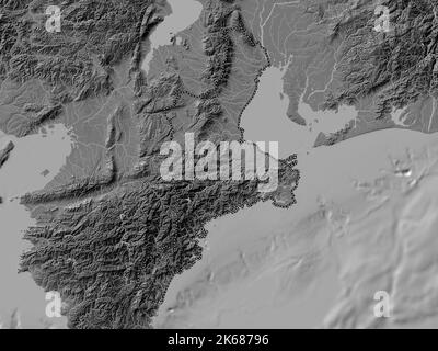 Mie, prefecture of Japan. Bilevel elevation map with lakes and rivers ...