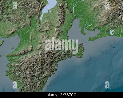 Mie, prefecture of Japan. Colored elevation map with lakes and rivers ...