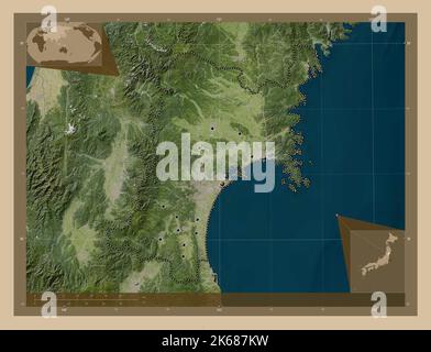 Miyagi, prefecture of Japan. Low resolution satellite map. Locations ...