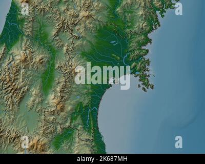 Miyagi, prefecture of Japan. Colored elevation map with lakes and ...