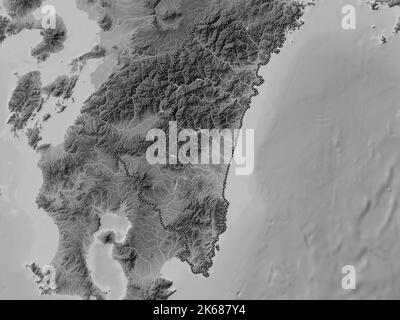 Miyazaki, prefecture of Japan. Grayscale elevation map with lakes and ...