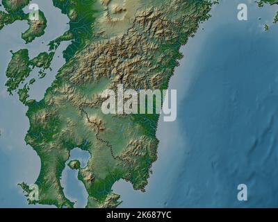 Miyazaki, prefecture of Japan. Colored elevation map with lakes and ...