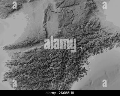 Nara, prefecture of Japan. Grayscale elevation map with lakes and ...