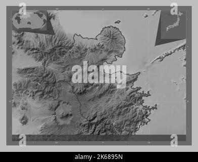 Oita, prefecture of Japan. Grayscale elevation map with lakes and ...