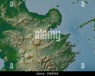 Oita, prefecture of Japan. Colored elevation map with lakes and rivers ...