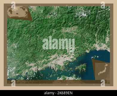 Okayama, prefecture of Japan. Low resolution satellite map. Locations ...