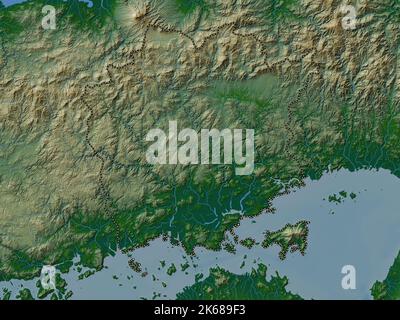 Okayama, prefecture of Japan. Colored elevation map with lakes and ...