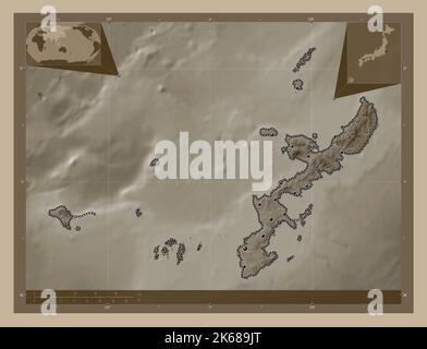 Okinawa, prefecture of Japan. Colored elevation map with lakes and ...