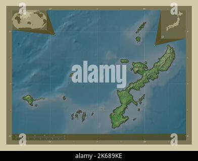 Okinawa, prefecture of Japan. Colored elevation map with lakes and ...