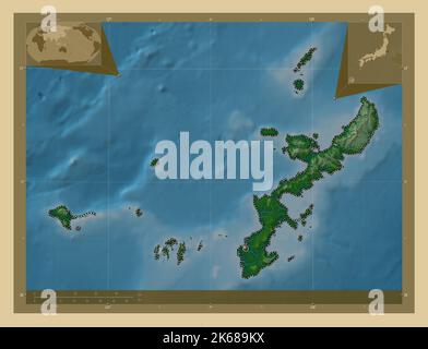 Okinawa, prefecture of Japan. Colored elevation map with lakes and ...
