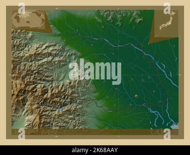 Saitama, prefecture of Japan. Colored elevation map with lakes and ...