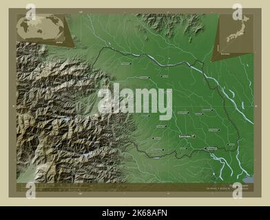 Saitama, prefecture of Japan. Colored elevation map with lakes and ...