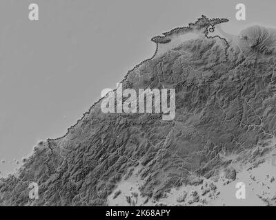 Shimane, prefecture of Japan. Grayscale elevation map with lakes and ...