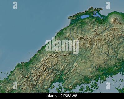 Shimane, prefecture of Japan. Colored elevation map with lakes and ...