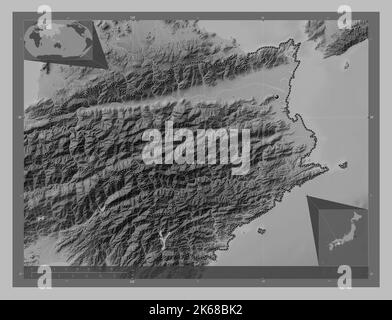 Tokushima, prefecture of Japan. Grayscale elevation map with lakes and ...