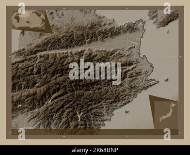 Tokushima, prefecture of Japan. Elevation map colored in sepia tones ...