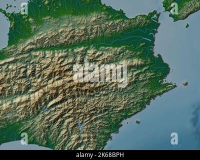 Tokushima, prefecture of Japan. Colored elevation map with lakes and ...