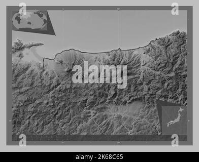 Tottori, prefecture of Japan. Grayscale elevation map with lakes and ...