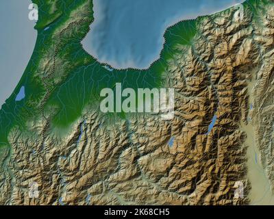 Toyama, prefecture of Japan. Colored elevation map with lakes and ...