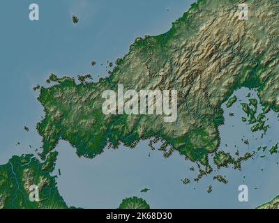 Yamaguchi, prefecture of Japan. Colored elevation map with lakes and ...