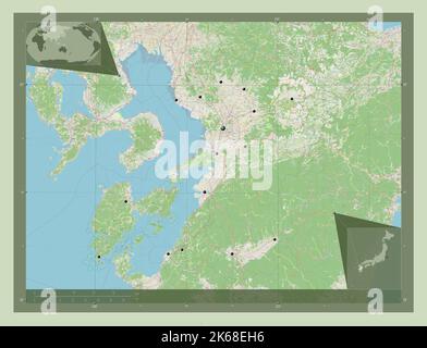 Kumamoto, prefecture of Japan. Open Street Map. Locations of major ...