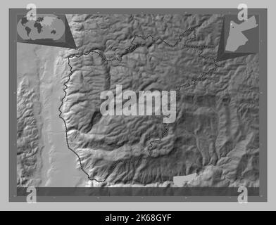 Ajlun, province of Jordan. Grayscale elevation map with lakes and ...