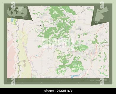 Ajlun, province of Jordan. Open Street Map. Locations of major cities ...