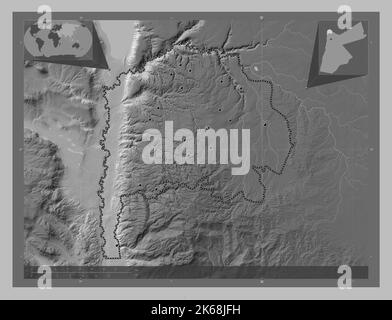 Irbid, province of Jordan. Grayscale elevation map with lakes and ...