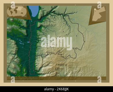 Irbid, province of Jordan. Colored elevation map with lakes and rivers ...