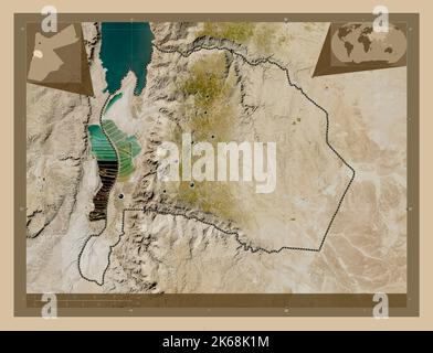 Karak, province of Jordan. Low resolution satellite map. Corner ...