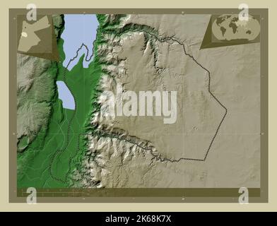 Karak, province of Jordan. Colored elevation map with lakes and rivers ...
