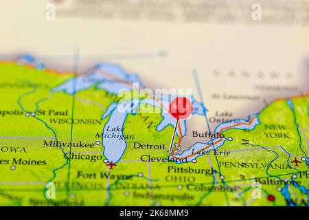Detroit map. Detroit pinned. Map with red pin point of Detroit in USA ...