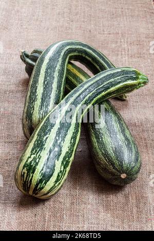 Fresh striped zucchini on sackcloth background with copy space Stock ...