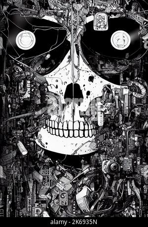 mechanical, frankenstein, monster face with lost look and skull in ...