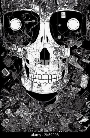 mechanical, frankenstein, monster face with lost look and skull in ...