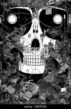 mechanical, frankenstein, monster face with lost look and skull in ...