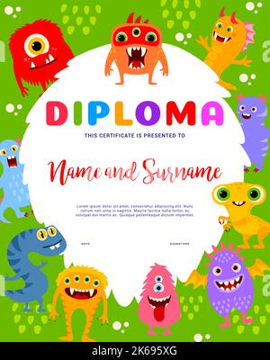 Kids diploma. Cartoon monster characters. Kindergarten child ...