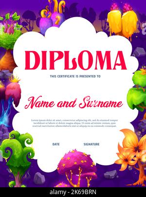 Kids diploma. Fantasy forest, magic alien trees and plants. Elementary ...