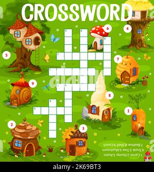Crossword grid worksheet with cartoon gnome and elf houses. Find a word ...