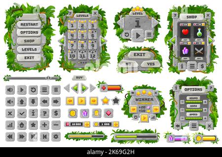 Rpg game shop menu panel with medieval weapon, swords, axe and shields in metal frames. Cartoon ...