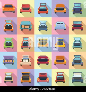 Trunk car icons set flat vector. Sedan bag. Summer storage isolated ...