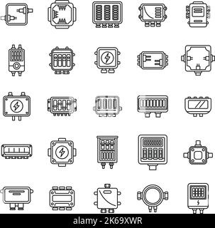 Junction box icons set. Outline set of junction box vector icons neon ...