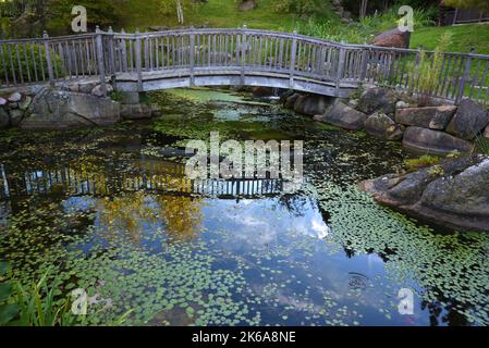 Bridge over pond with lily pads at Cleveland Botanical garden ...
