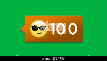 Image of 100 notifications and emoticons over green background. Social ...