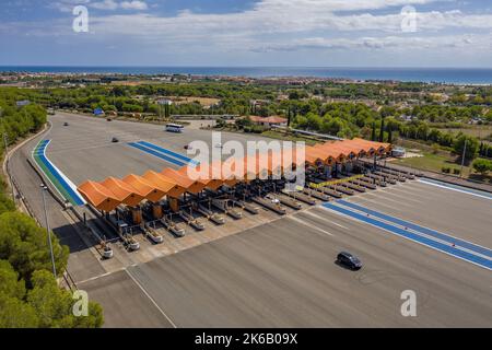 Aerial view of the toll on the C-32 highway in Cubelles (Garraf ...