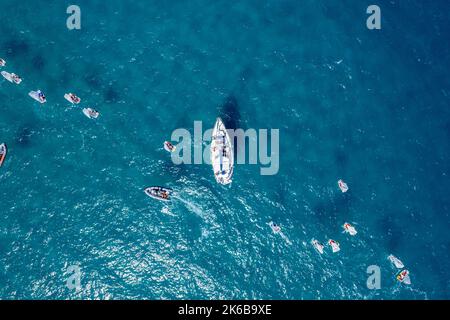Top view of sailing luxury yacht at opened sea at sunny day in Croatia ...