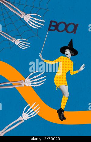 Vertical collage picture of impressed girl jumping hands catch pillow ...