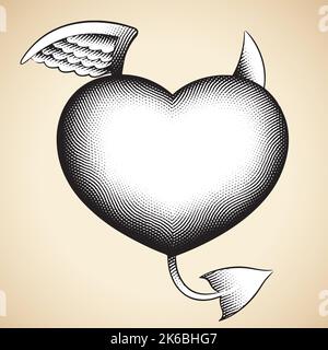 Illustration of Scratchboard Engraved Good and Evil Heart isolated on a ...