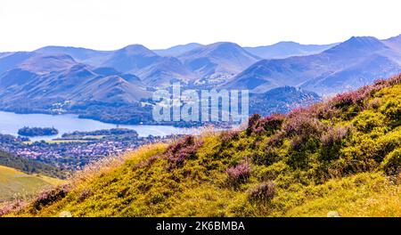 Aerial view of hills around Keswick in Lake District, a region and ...
